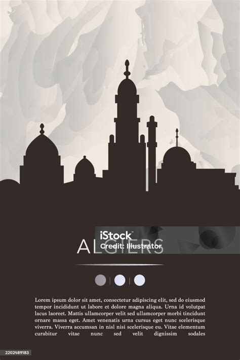 알제 도시 웹 사이트 프리젠 테이션 첫 페이지 초대장 스카이 라인 랜드 마크가있는 출판물 시트에 대한 템플릿 벡터 알제리 이미지 레이아웃 단순 및 회색 음영 0명에 대한