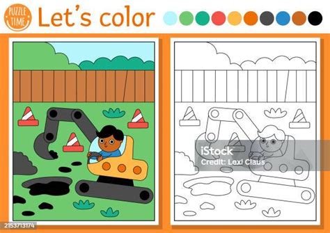 굴삭기 굴착 구멍이 있는 어린이를 위한 건설 현장 색칠 공부 페이지입니다 벡터 수리 작품 개요 그림입니다 컬러 예제가 있는