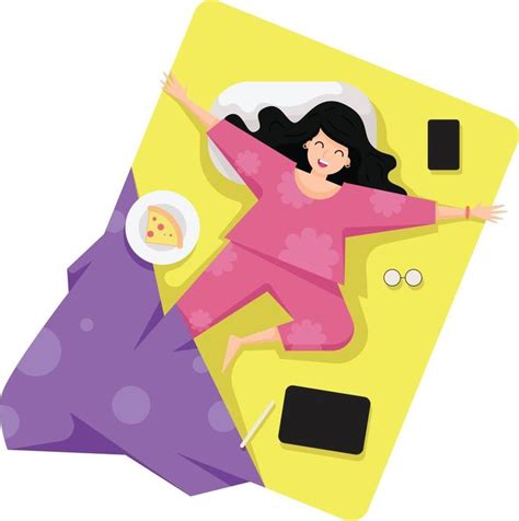 Joyful Young Woman Lying On Bed With Pizza Mobile Phone And Glasses Concept Of Happy Sleeping