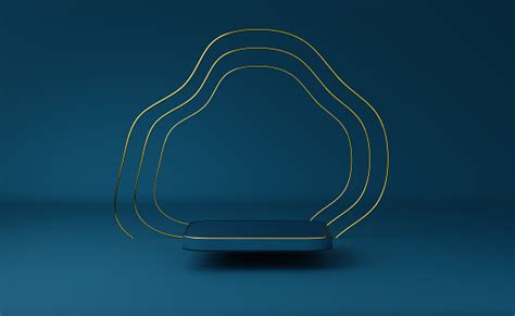 현대적인 무대 디스플레이 및 미니멀리스트 모형 추상 쇼케이스 배경 개념 3d 그림 또는 3d 렌더링을 위한 파란색 구성의 기하학적 모양이 있는 연단 비어 있습니다 0명에