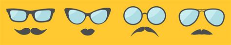 안경과 콧수염 입술 콧수염 얼굴 아이콘 세트 라인 선글라스 컬렉션 플랫 디자인 남자 여자 남성 여성 기호 기호입니다 격리 노란색 배경입니다 0명에 대한 스톡 벡터 아트 및