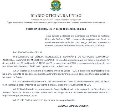 Portaria que trata da incorporação do exame de Calprotectina Fecal no SUS é publicada no Diário