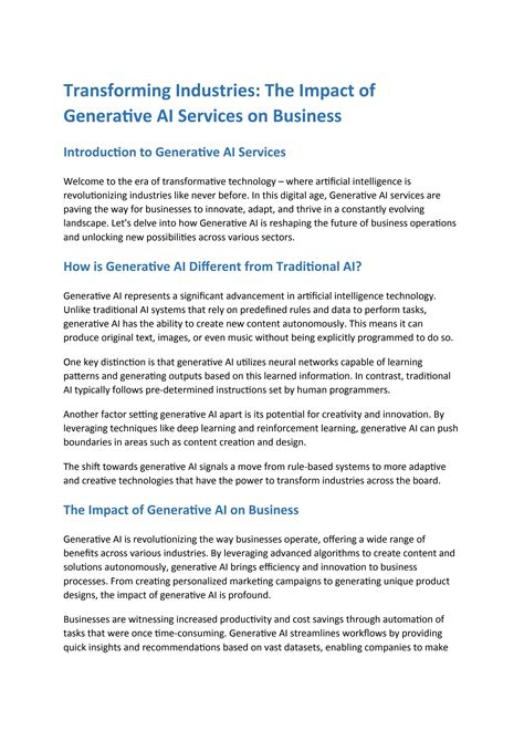 Transforming Industries The Impact Of Generative Ai Services On Business By