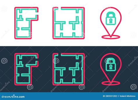 Set Line Location Lock House Plan And Icon Vector Stock Vector Illustration Of Architect