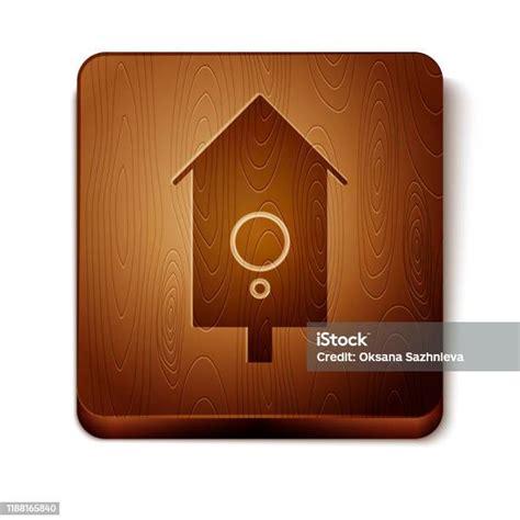 흰색 배경에 고립 된 갈색 복고풍 벽 시계 아이콘입니다 뻐꾸기 시계 기호입니다 골동품 진자 시계입니다 나무 사각형 버튼입니다