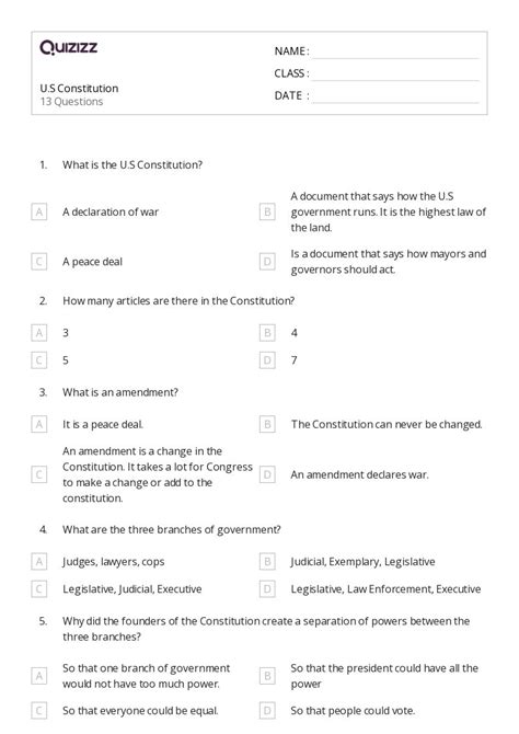 50 The Constitution Amendments Worksheets For 8th Grade On Quizizz