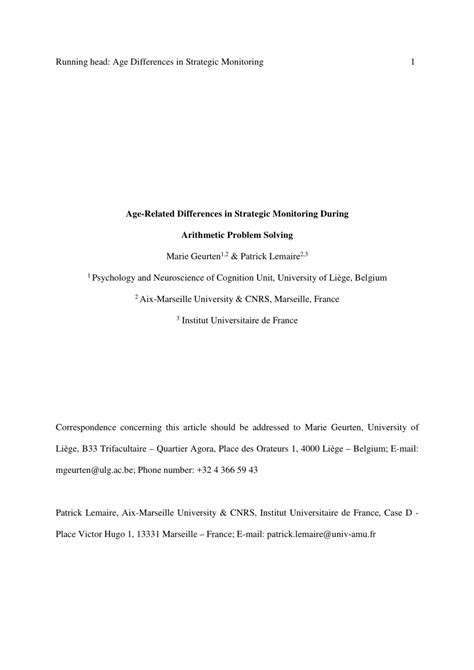 Pdf Age Related Differences In Strategic Monitoring During Arithmetic