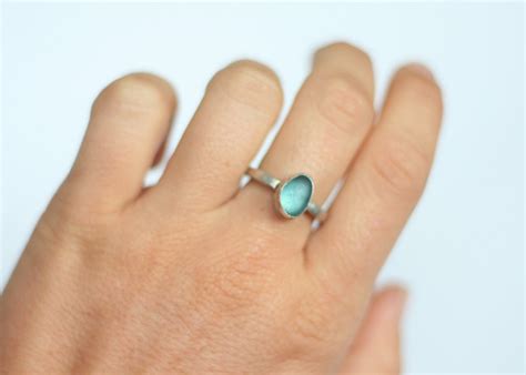 Teal Blue Sea Glass Ring Hammered Silver Band Size 7 Etsy Blue Sea