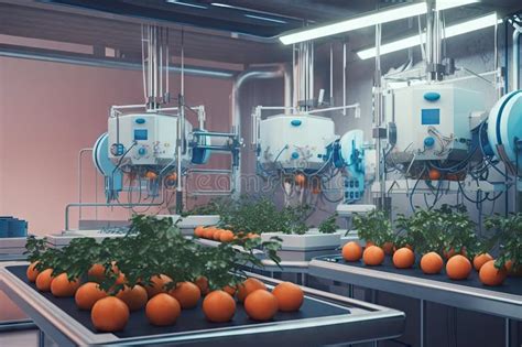 Food Production In Futuristic Society With High Tech Farming Equipment And Robotics Stock