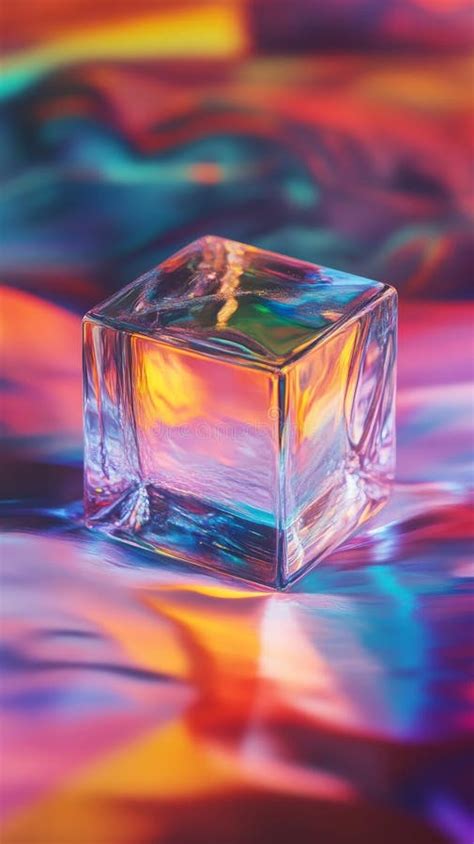 Glass Cube On Colorful Abstract Background Vibrant Light Reflections Modern Art And Design
