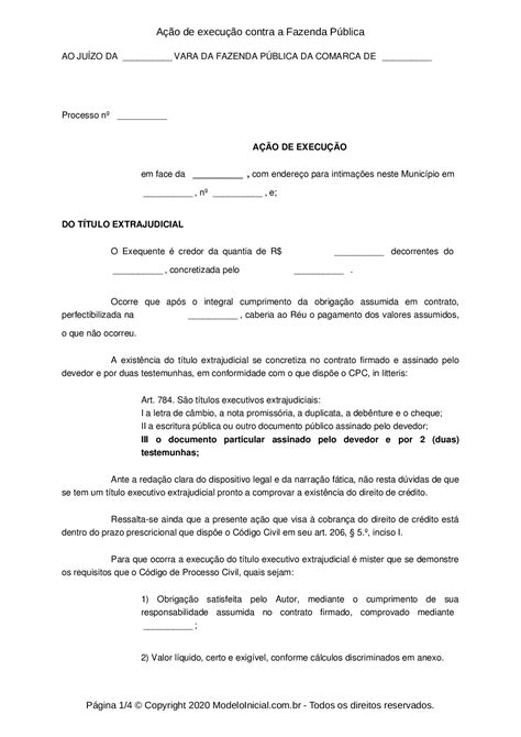 Modelo A O De Execu O Contra A Fazenda P Blica