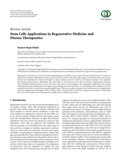 Pdf Stem Cells Applications In Regenerative Medicine And Disease