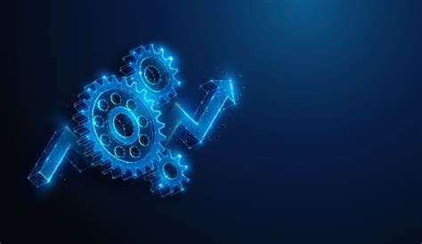 화살표 위쪽 기호 위에 낮은 폴리 기어의 추상 그림 엔지니어링 개발 및 제조 산업 시장 성장을 묘사하는 기하학적 배경 와이어 프레임 메쉬에 의한 금융 개념 가격에 대한 스톡