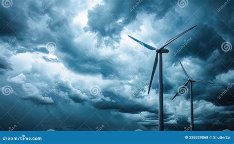 Dynamic Angle Of Wind Turbines Against A Stormy Sky Conveying Strength