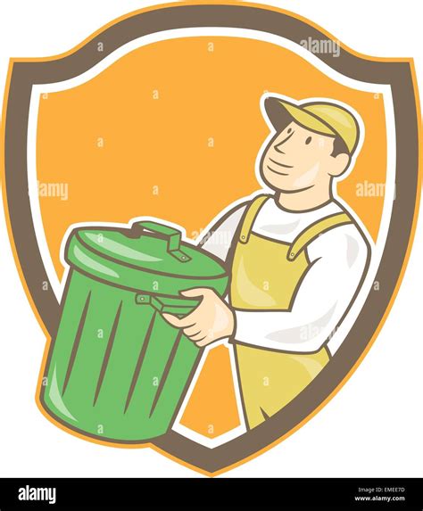 Garbage Collector Carrying Bin Shield Cartoon Stock Vector Image And Art