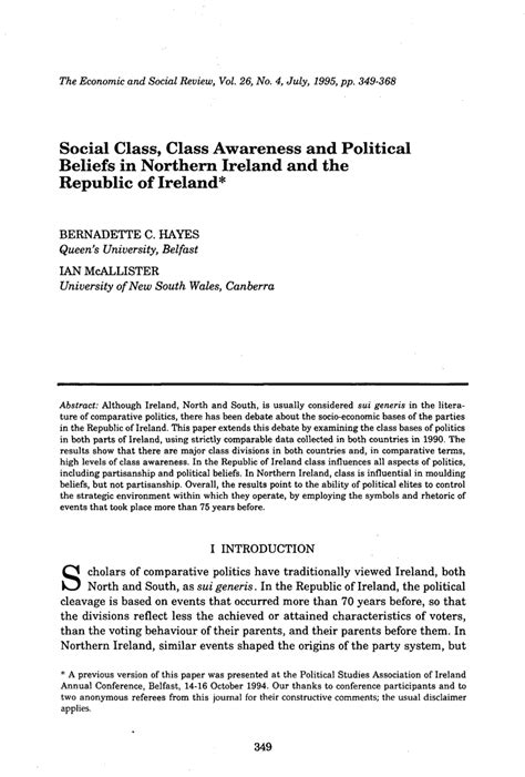 Pdf Social Class Class Awareness And Political Beliefs In Northern