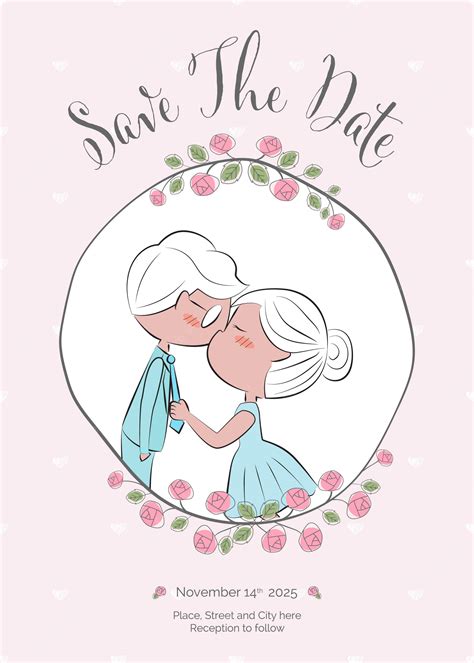 Doodle Hand Draw Couple Kiss Convite De Casamento Vetor Premium