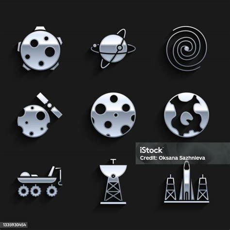 설정 달 위성 접시 우주 정거장에서 로켓 발사 지구 지구 화성 탐사선 행성 궤도 위성 블랙홀과 행성 아이콘 벡터 0명에 대한