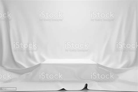 고급 스러운 개념으로 빈티지 배경에 상단 받침대 또는 빈 연단 선반에 배치 하는 흰색 고급 스러운 직물 또는 천 박물관 또는 갤러리 배경 제품입니다 3d 렌더링 도시를
