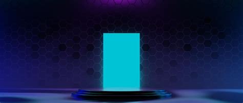 미래형 사이버펑크 디스플레이 게임 공상 과학 무대 받침대 배경 게이머 배너의 3d 그림 렌더링 제품에 대한 네온 글로우 스탠드 연단 프리미엄 사진