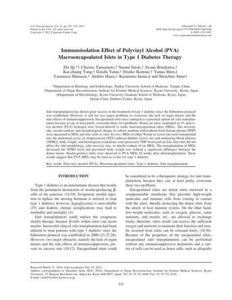 Pdf Immunoisolation Effect Of Polyvinyl Alcohol Pva Macroencapsulated Islets In Type 1