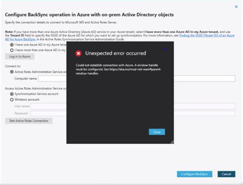synchronization services unexpected error occurred when configuring