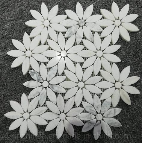 Carrara White Marble Daisy Flower Water Jet Mosaic Art Wall Tiles
