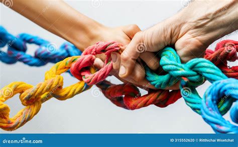 Two Hands Tightly Gripping A Multicolored Rope In A Symbol Of Teamwork