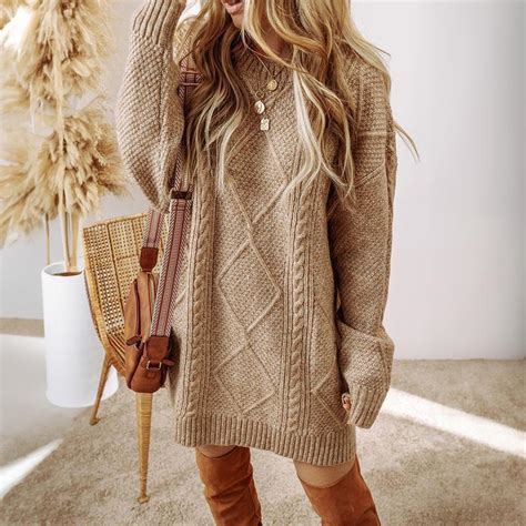 Parchment Cable Knit Drop Shoulder Loose Fit Women Sweater Dresst