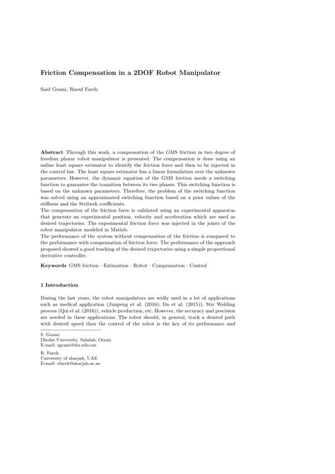 Pdf Friction Compensation In 2 Dof Robot Manipulator