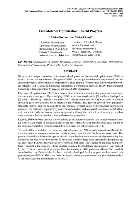 Pdf Free Material Optimization Recent Progress