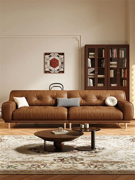 意式复古风轻奢真皮沙发客厅创意小户型直排组合中厚牛皮现代简约 淘宝网 花瓣网