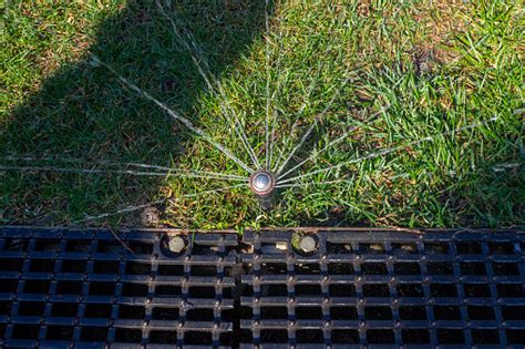 조경의 표적 관개 방법 팝업 스프링클러는 배수 그리드 옆의 잔디밭에 관개합니다 국부적인 물 공급을 제공합니다 건축물에 대한 스톡 사진 및 기타 이미지 Istock