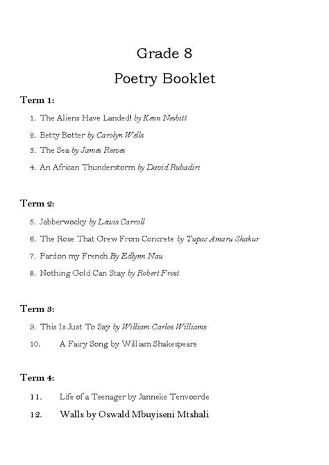 Grade 8 Poetry Booklet 2021 Analyzing Classic Poems And Activities