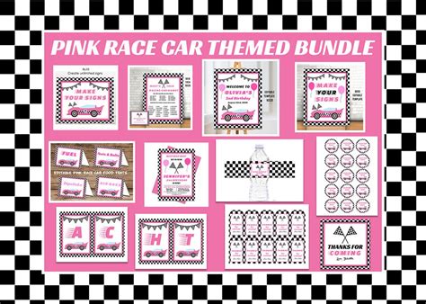 Pink Race Car Party Printable Decorations Invitation Template Bundle