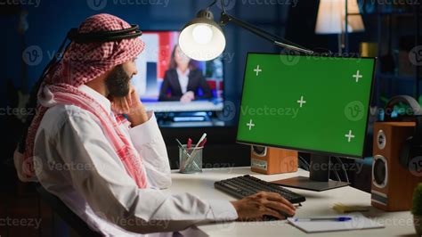 Relaxed Remote Worker Inputting Data On Chroma Key Computer While