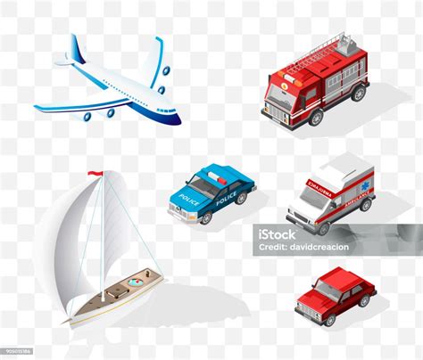아이소메트릭 고품질 차량 전송 배경에 45도 그림자의 집합입니다 경찰 차 불 트럭 구급차 Airplan 보트 및 자동차 0명에