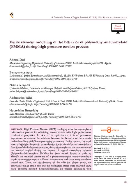 Pdf Finte Element Modeling Of The Behavior Of Polymethyl Methacrylate
