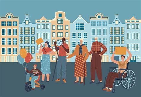 사람들은 항의 군중 시위 운동가 그룹 정치 파업 인류 집회 디자인 만화 스타일의 벡터 일러스트 남자에 대한 스톡 벡터 아트 및