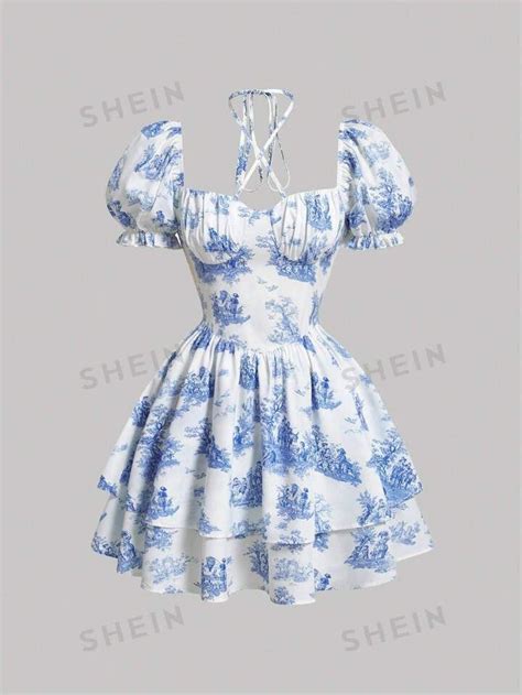 SHEIN MOD Vestido Figura Con Estampado De Planta Con Tira Cruzada De