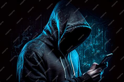 Premium Photo Hacker In A Hood Holds A Phone In His Hand Generative Ai