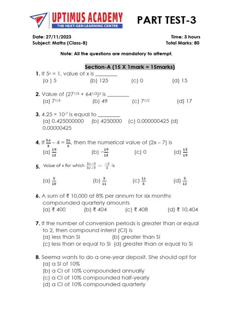 Maths Class 8 Part Test 3 Pdf Polynomial Factorization