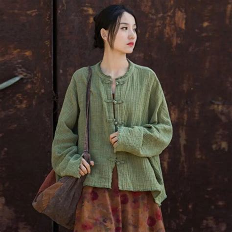 Купити Johnature Жіночі сорочки в китайському стилі Однотонні вільні