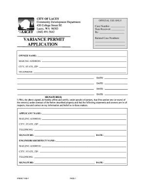 Fillable Online VARIANCE PERMIT APPLICATION City Of Lacey Fax Email