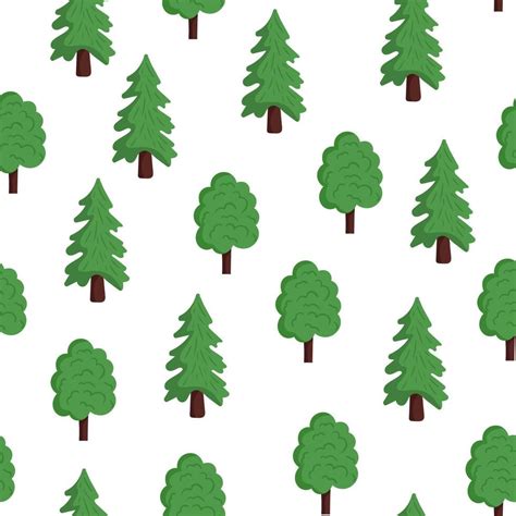 Seamless Forest Tree Pattern With Cartoon Pine And Leafy Trees On White