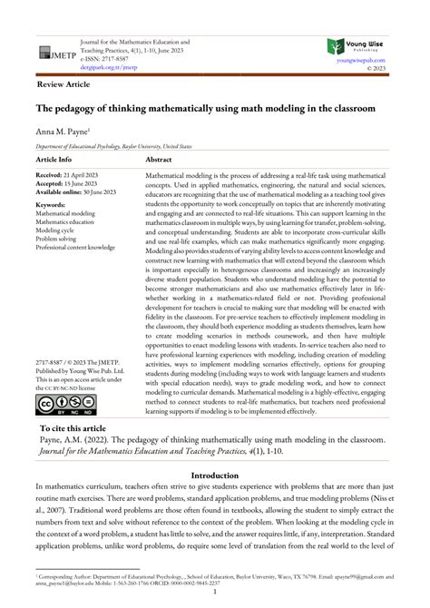 Pdf The Pedagogy Of Thinking Mathematically Using Math Modeling In The Classroom
