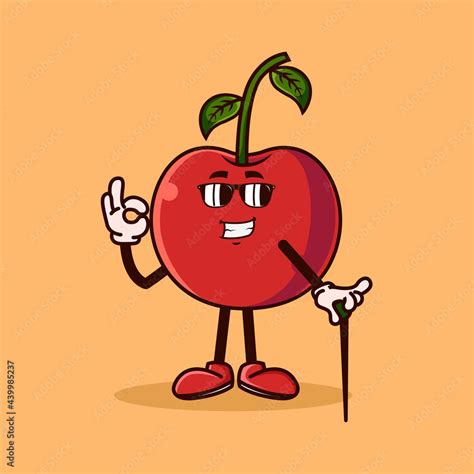 Cute Cherry Fruit Character With Eye Glass And Ok Hand Gesture Fruit