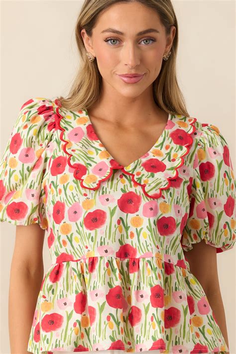 Red Floral Puff Sleeve Blouse All Tops Red Dress