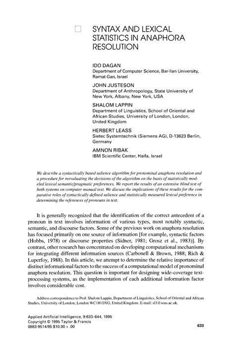 Pdf Syntax And Lexical Statistics In Anaphora Resolution
