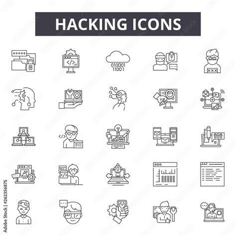 Hacking Line Icons Signs Set Vector Hacking Outline Concept Illustration Hacking Protection